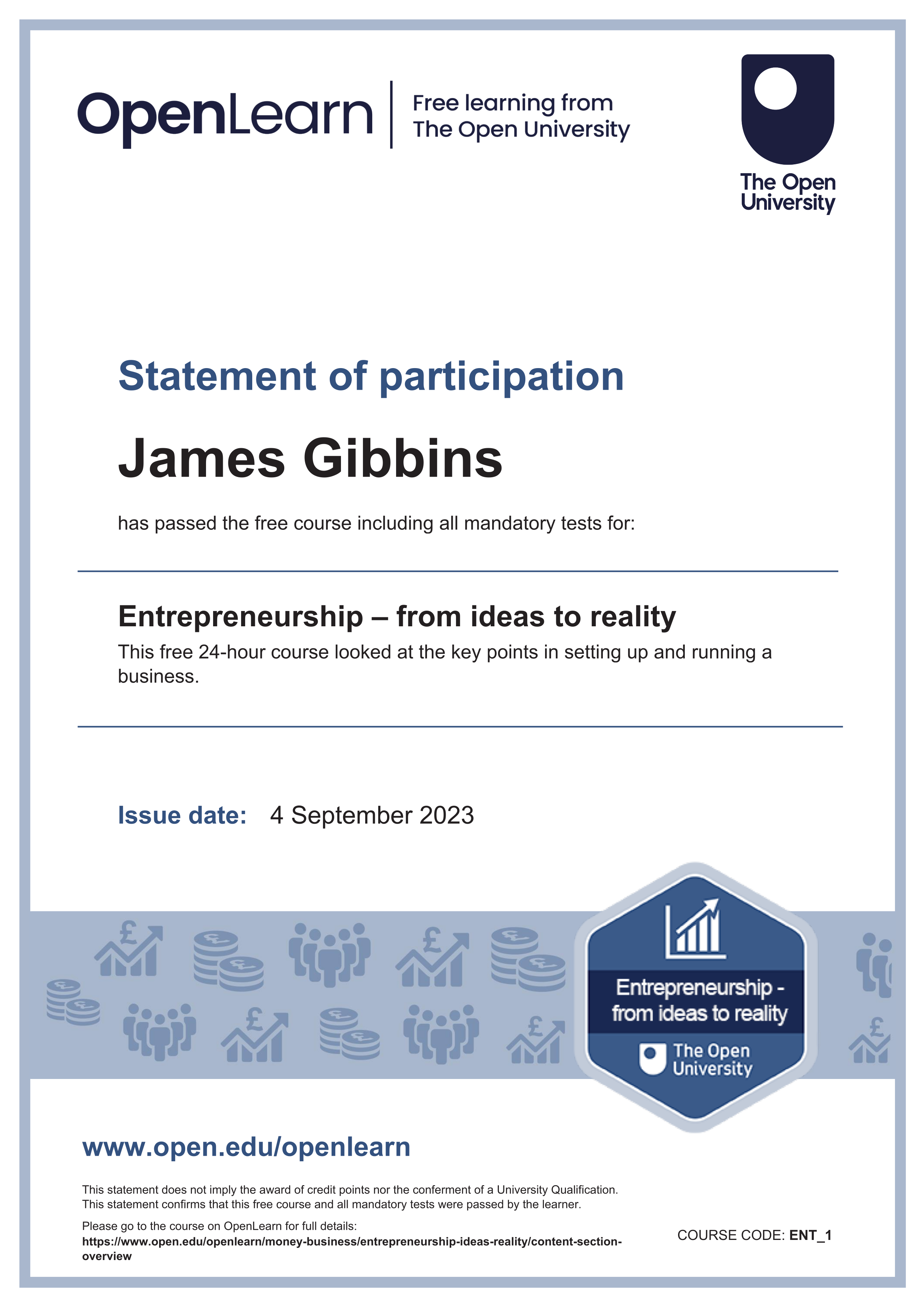 Entrepreneurship – from ideas to reality (Open University)
